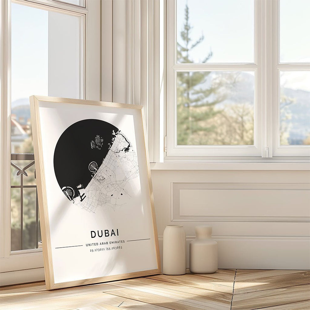 Dubai (دبي) City Map Poster – Black & White Wall Art – FN Prints